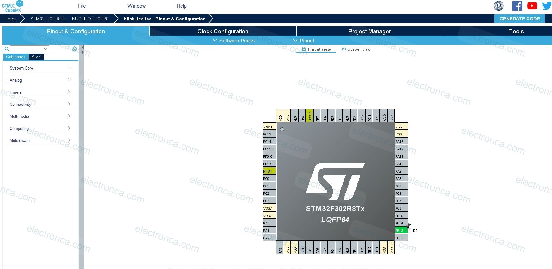 Starting with Nucleo STM32F302R8 and Blinking LED - electronca.com